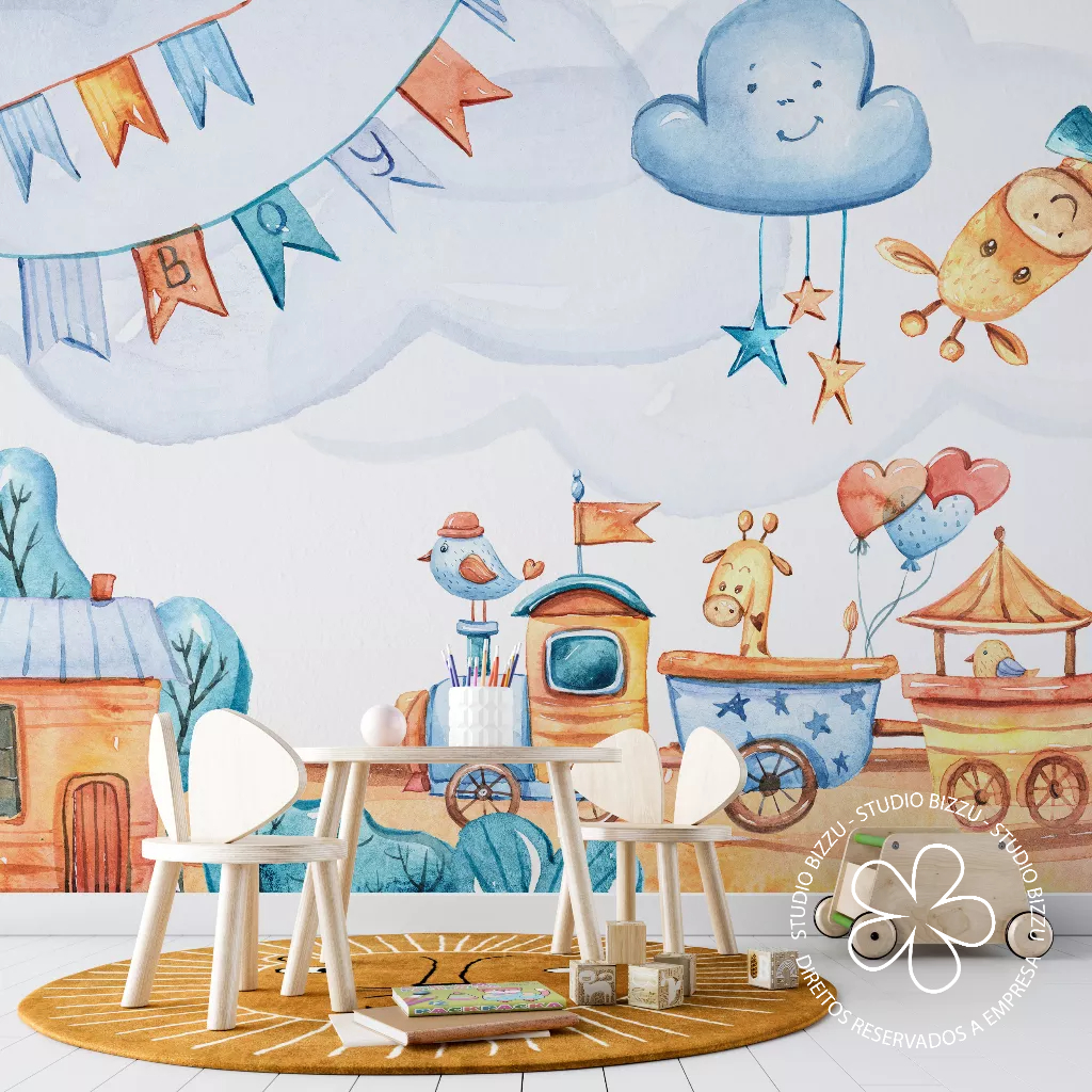 Papel de Parede Infantil de Tremzinho e Animiais Fofos em Aquarela ...