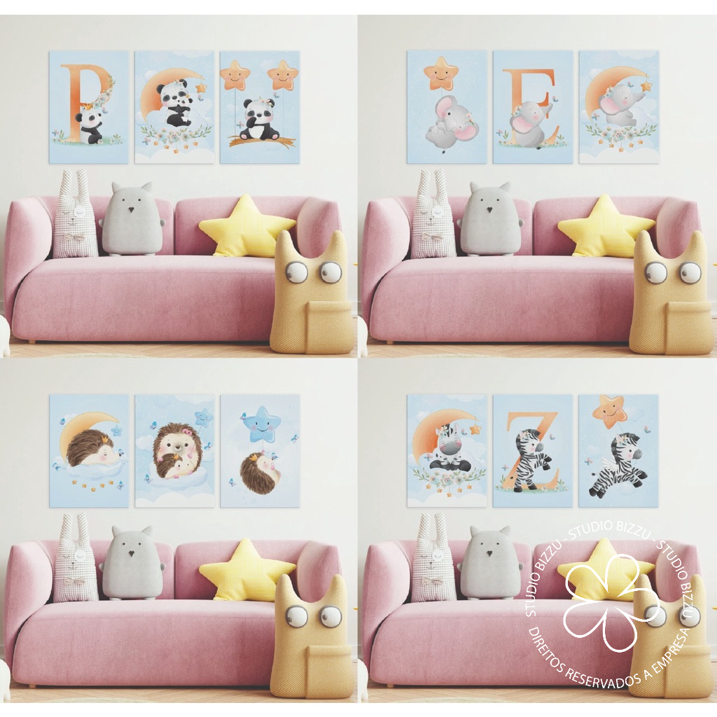 Kit de 3 Quadros Decorativos Infantil Animais e Letras Fundo Azul ...