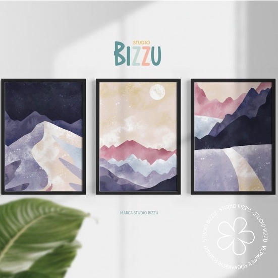 Kit de 3 Quadros Decorativos Abstrato de Montanhas - Studio Bizzu ...