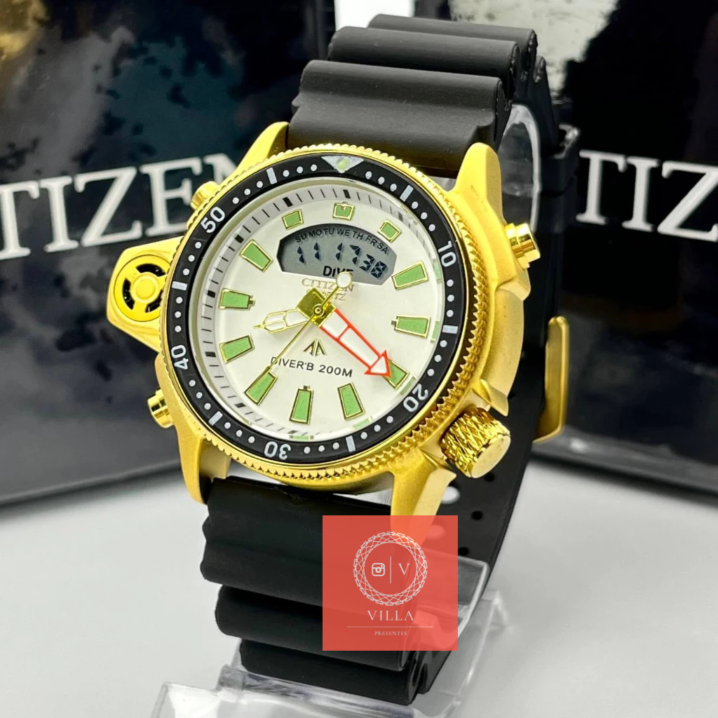 Relógio Citizen Aqualand dourado branco serie ouro 2023 p/ aço RX155 ...