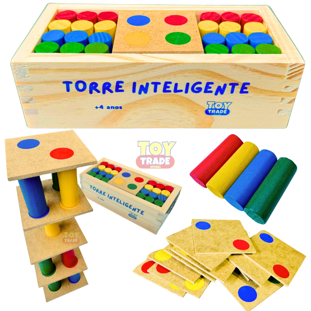 Jogo Torre Inteligente em Madeira Brinquedo Educativo Premium com Estojo e Pinos Coloridos Super ...