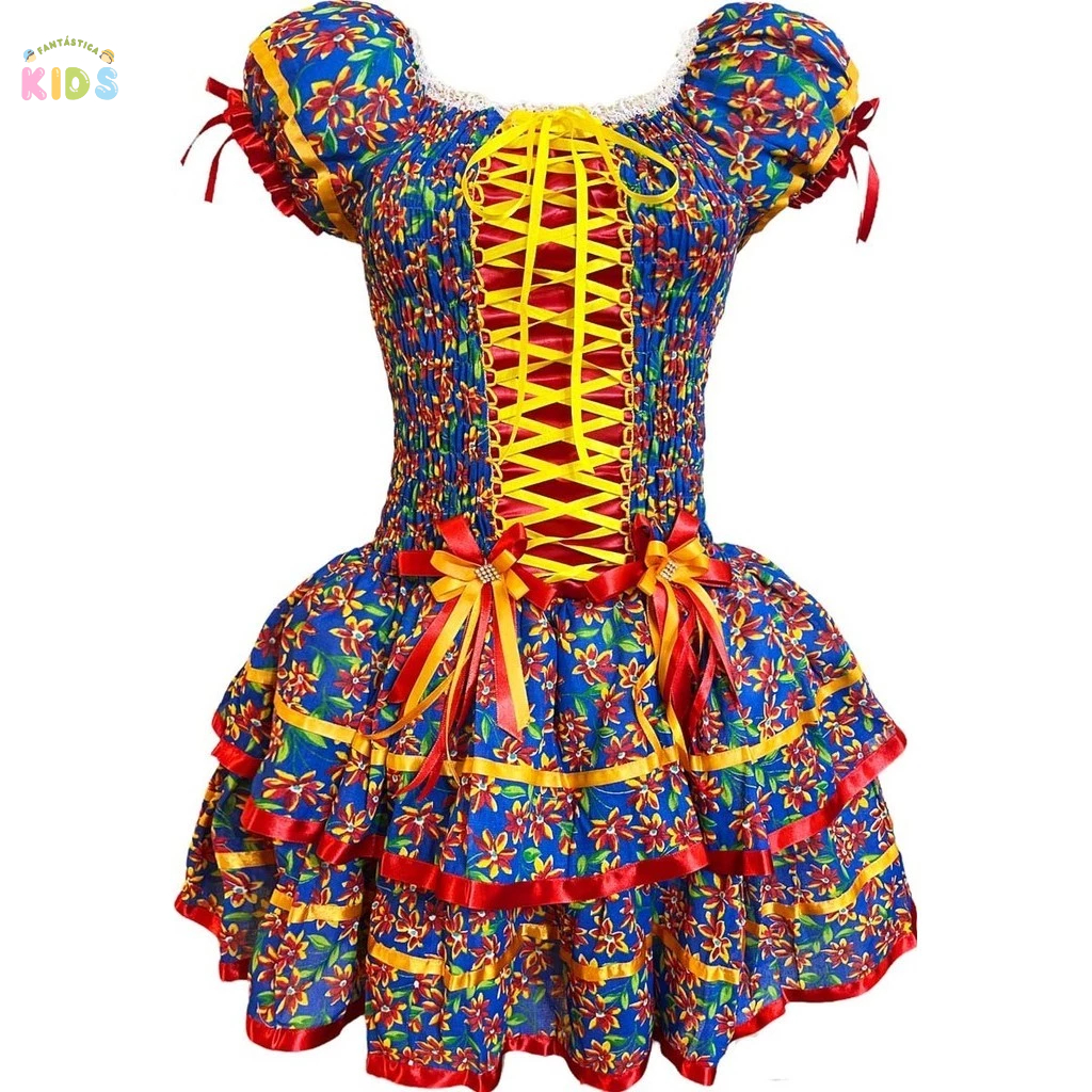 Vestido Festa Junina Adulto Juvenil Caipira Plus Sise Luxo Florido Azul ...