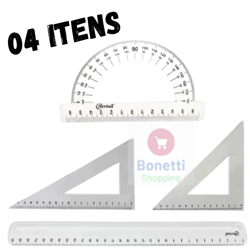 Conjunto Régua Kit Escolar Fundamental 04 Peças Transferidor Esquadro ...