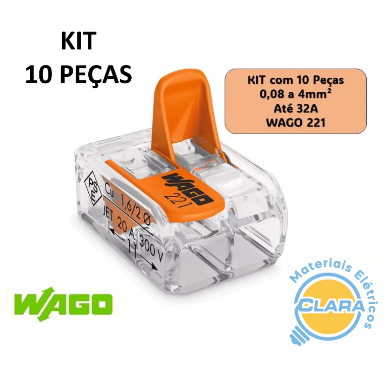 Kit 10 peças conector Wago original 221-412 emenda 2 polos 4mm 32A ...