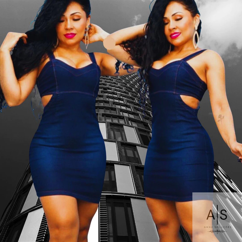 Vestido Jeans Liso com Detalhes, Moda Ousada | Shopee Brasil