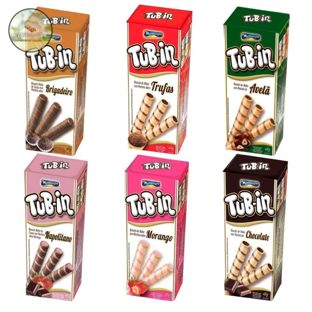Kit Biscoito Wafer Tubo Recheado Tub-in 48g C/10 ou C/5 Unidades Tubinho - Chocolate, Avelã ...