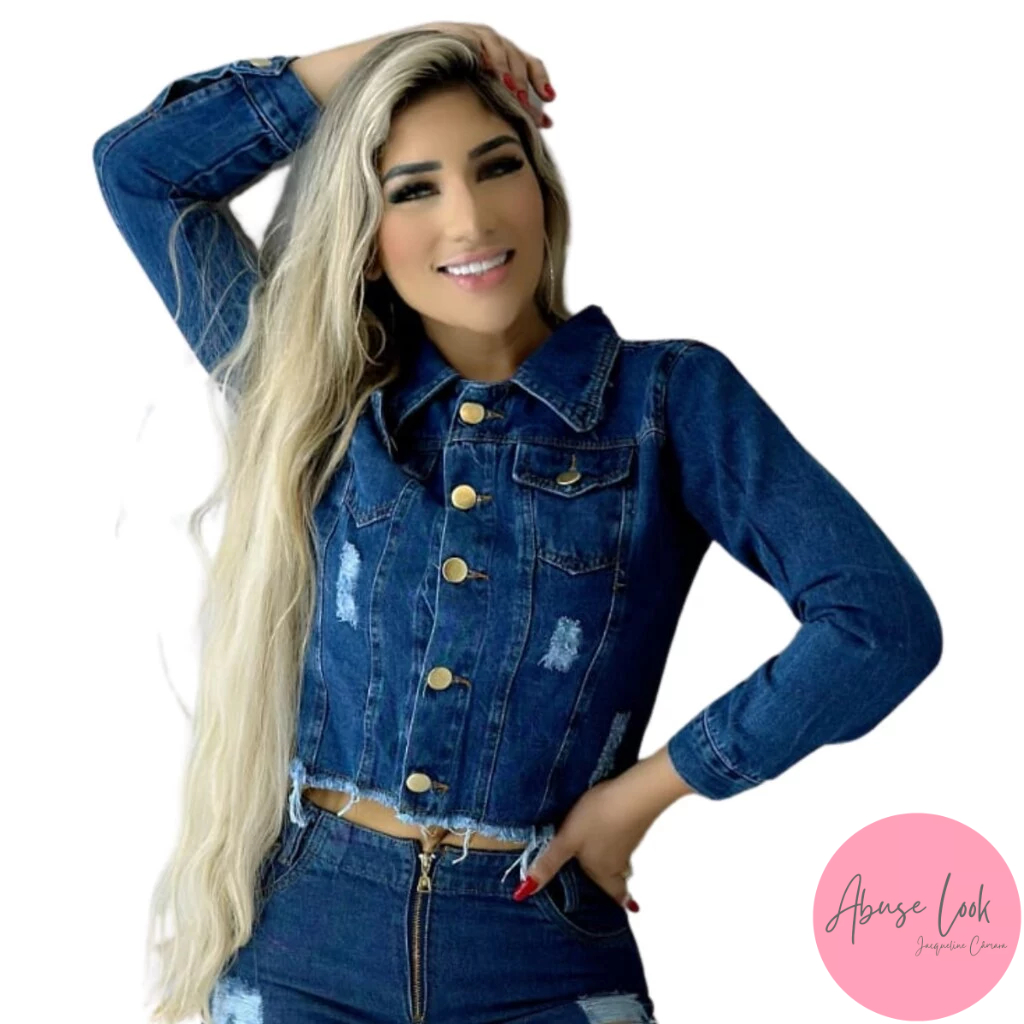 Jaqueta Feminina Jeans Detonada Escura, Look Da Moda | Shopee Brasil
