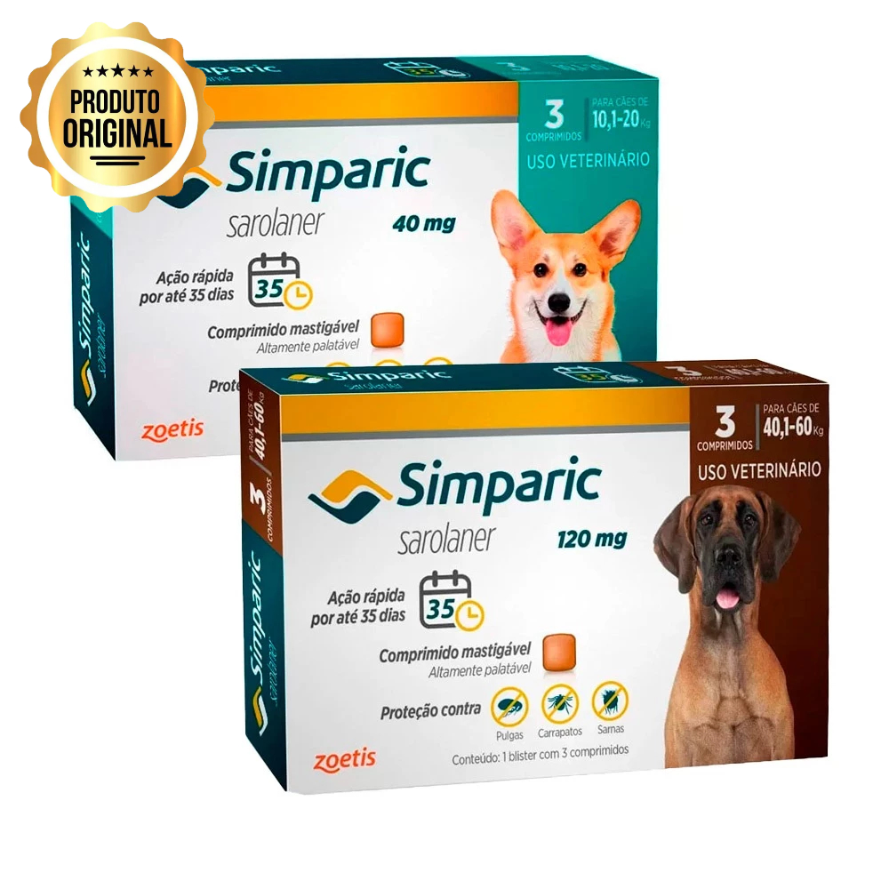 Simparic 40mg 10,1 A 20kg + Simparic 120mg 40,1 A 60kg 3 Comprimidos | Shopee Brasil