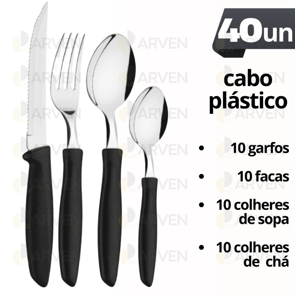 Kit 40 Talher Preto Inox Premium Cabo Plástico Mesa Cozinha | Shopee Brasil