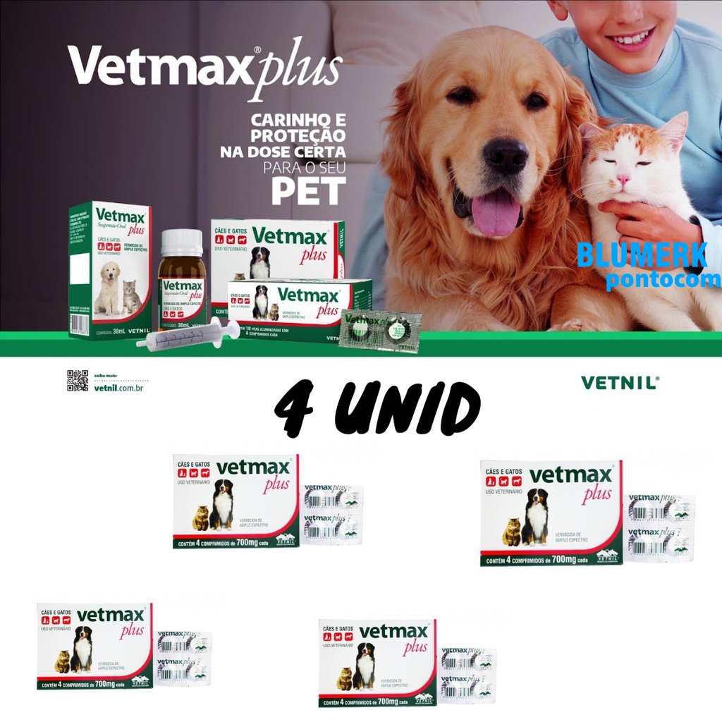 Vermífugo Vetnil Vetmax Plus 700 mg - 4 Comprimidos | Shopee Brasil