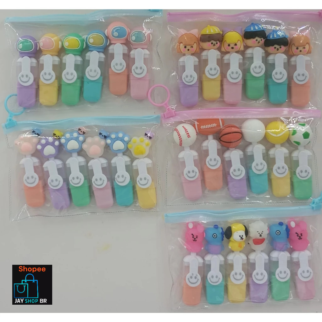 KIT Mini Marca Texto VARIOS MODELOS com Feliz Emoji 6 cores pasteis ...