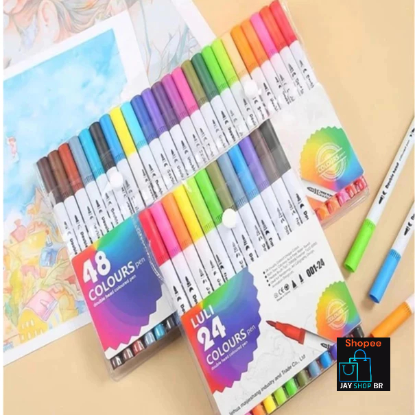 Kit 12/24/36/48 cores Canetas Marcadores Com Ponta Dupla Nova Pacote ...
