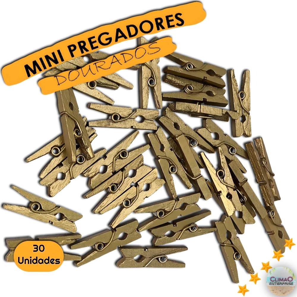 30 Mini Pregador Prendedor de Madeira Dourados para Fotos Artes ...