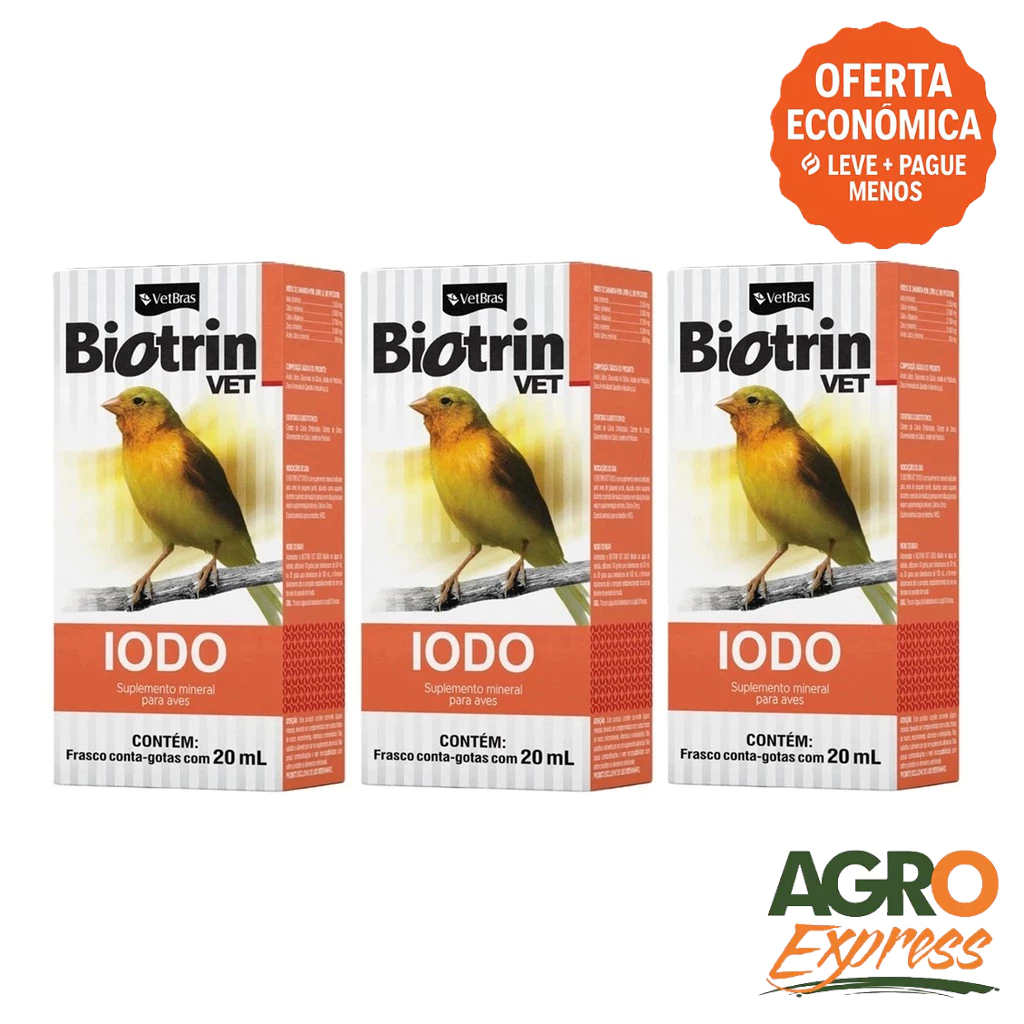 Kit 3 Biotrin Vet IODO 20ml Suplemento Mineral para Aves - VETBRAS ...