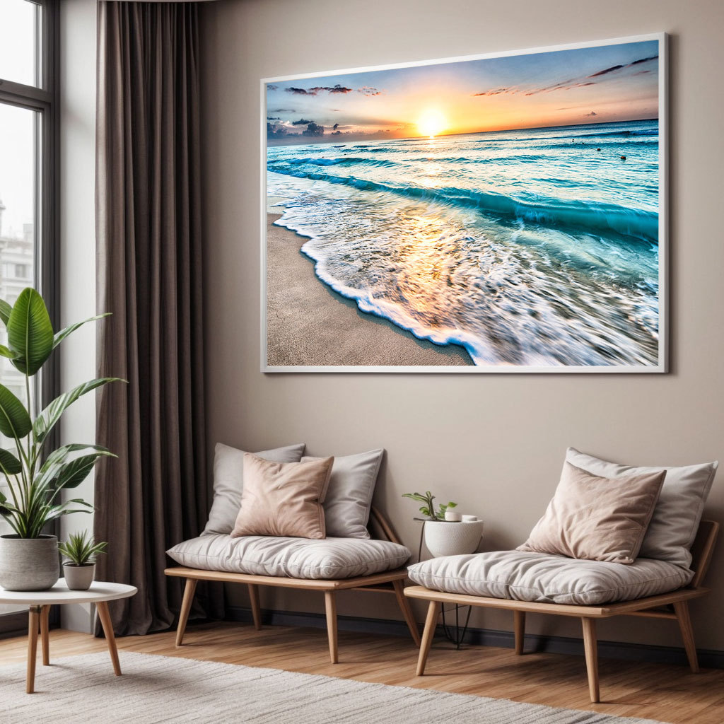 Quadro com Moldura Sala Quarto Ondas Praia Mar Por do Sol Paisagem ...