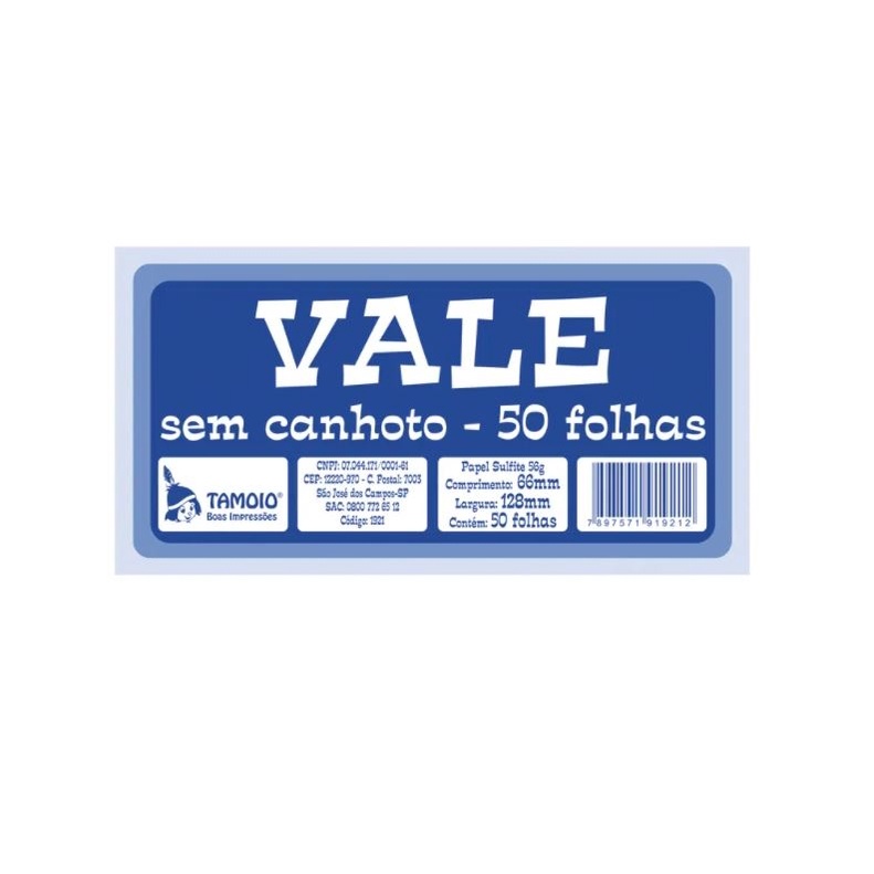 BLOCO DE VALE SEM CANHOTO 50 FOLHAS TAMOIO | Shopee Brasil