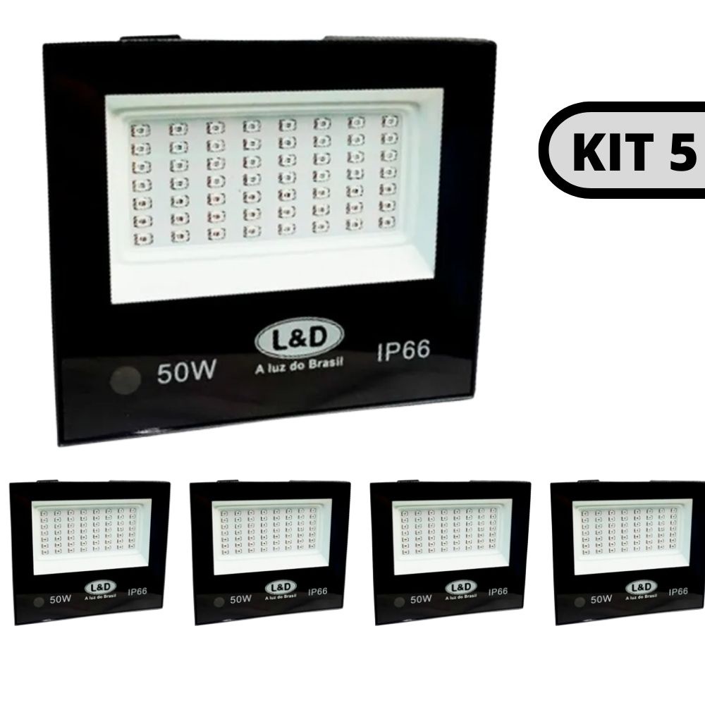 Kit 5 Refletor Led 50w Holofote Bivolt Slim Resistente Agua Branco Frio IP66 6500K | Shopee Brasil