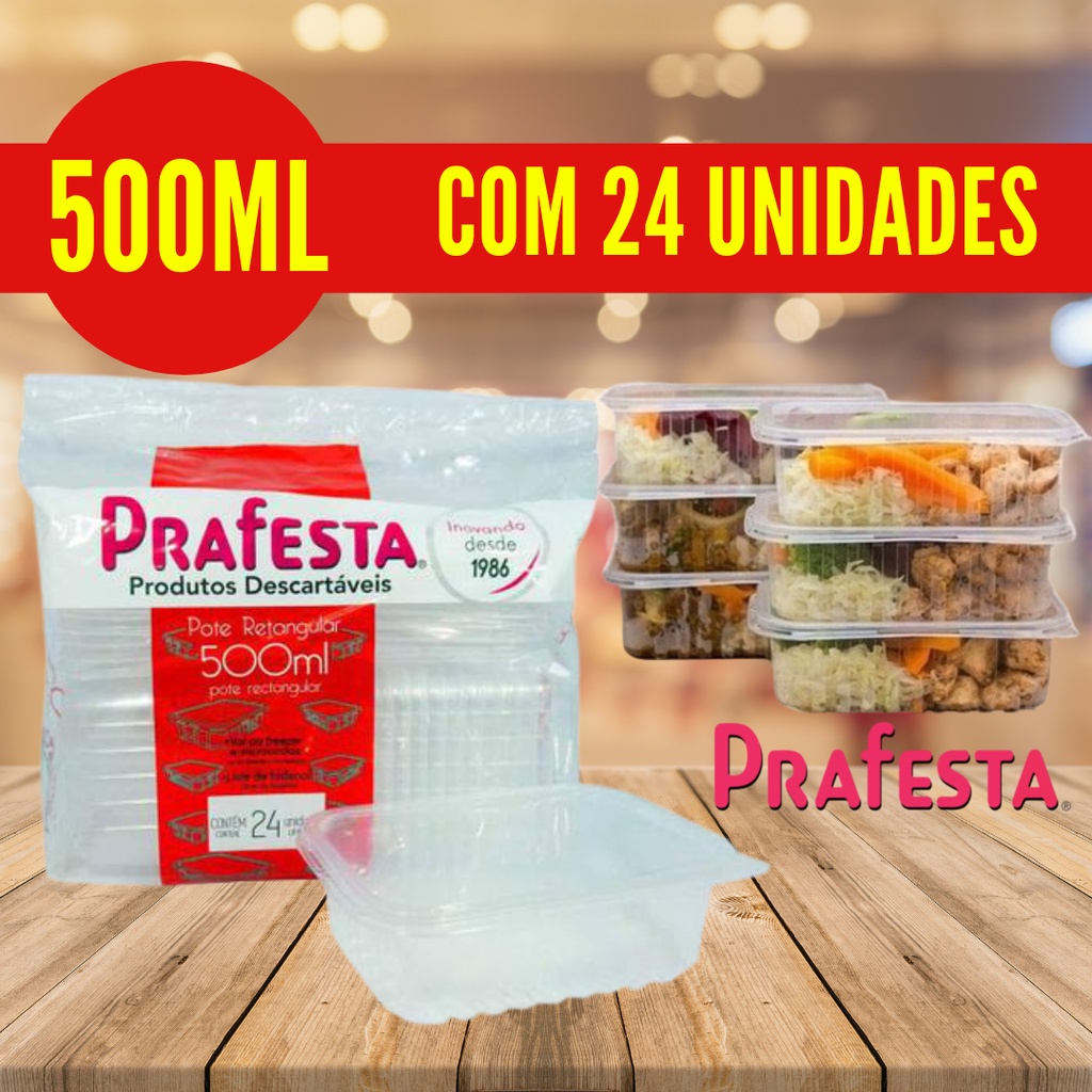 Embalagem 500ml retangular Plástico Para Microondas E Freezer, Marmita Fit 24 unidades, pote ...