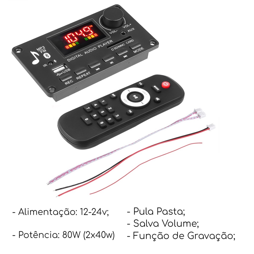 Placa Decodificadora MP3 Com Amplificador 80W (2x40w) Stero Para Caixa ...