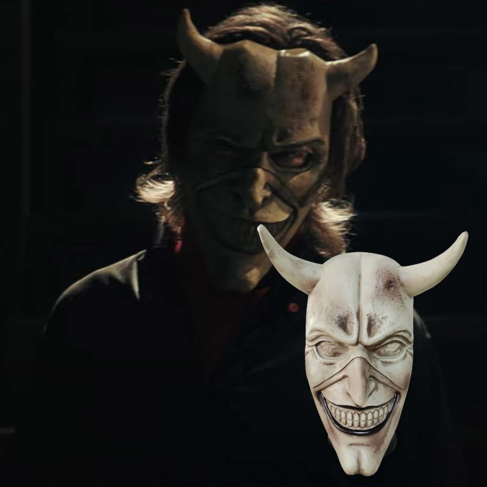 Halloween New Black Phone Horror Half Face Latex Mask Bull Horn Headset ...