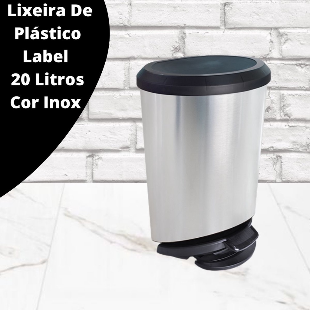 Lixeira Cesto de Lixo Label Cor Inox 20 Litros Com Pedal e Borda ...