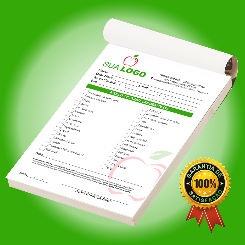 Bloco Pedido de Exame Laboratorial Nutrição - Personalizado - 14x20cm ...