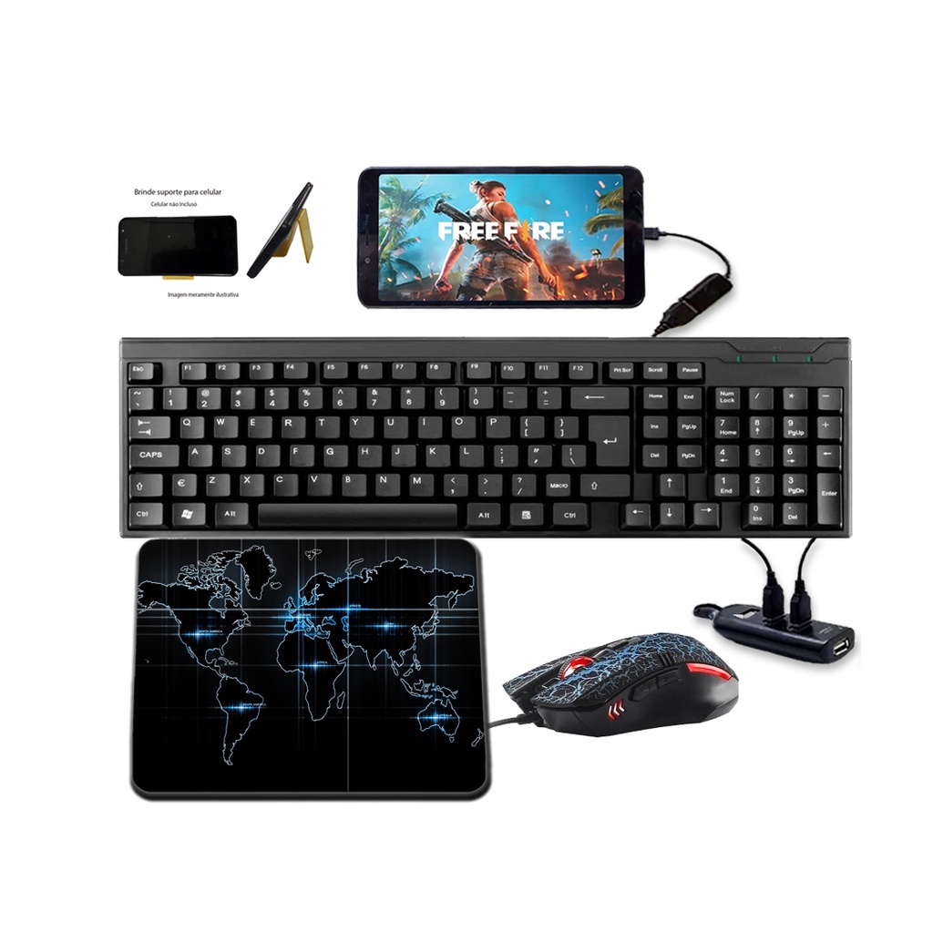 Kit Mobilador Teclado e com Mouse Gamer Cabo Otg e Suporte Para Celular ...