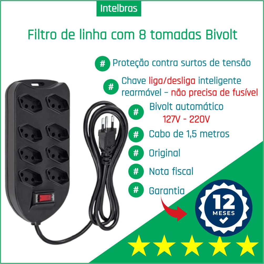 Filtro de Linha com 8 Tomadas cabo 1,5mt 10A bivolt - régua de tomadas extensão elétrica EPE ...