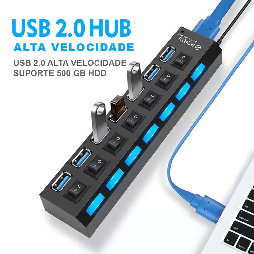 Hub Usb 2.0 7 Portas Pen Drive Teclado 480mbps Hd | Shopee Brasil