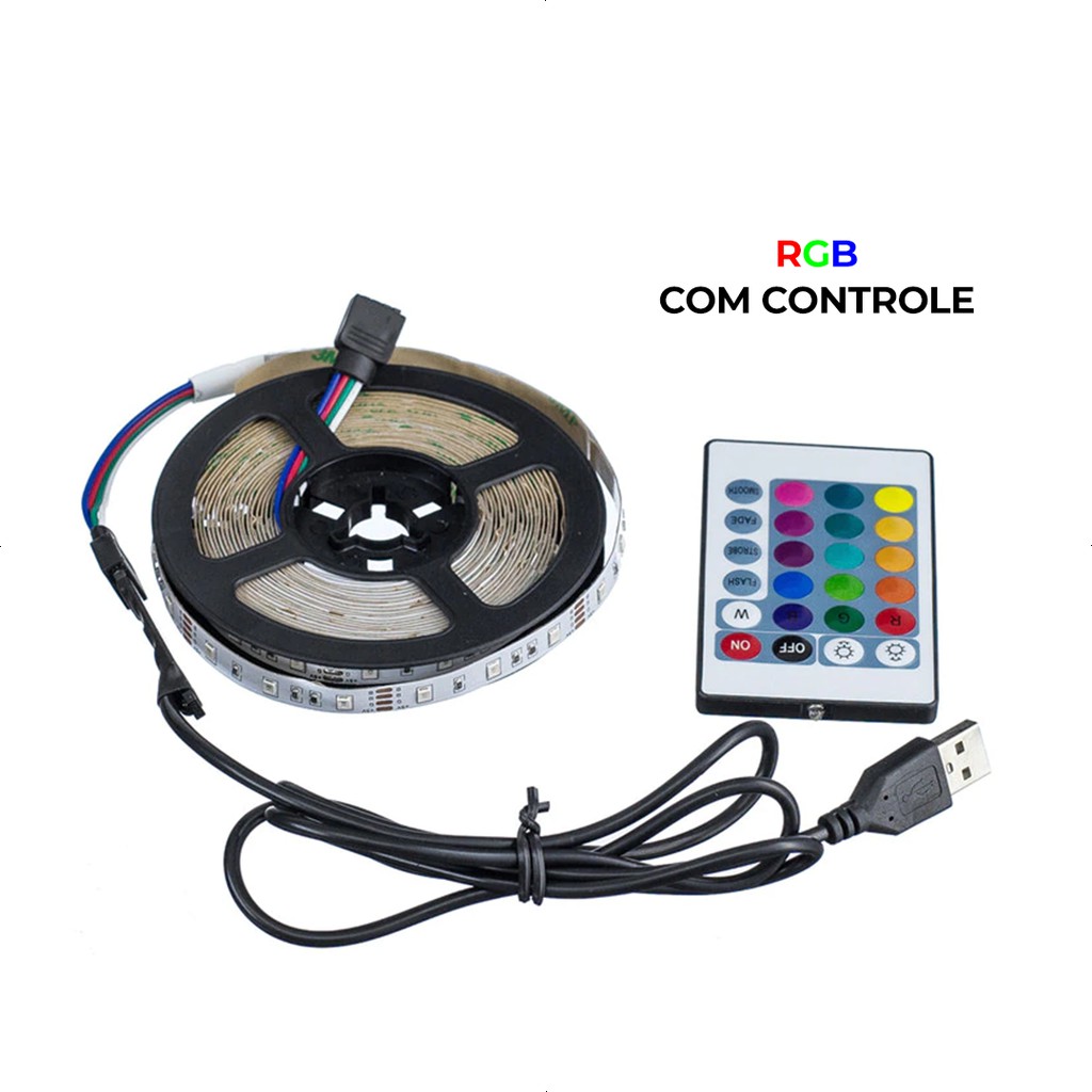 Fita Led Rgb 2m Decoração Usb Colorido Acompanha Controle e Adaptador ...