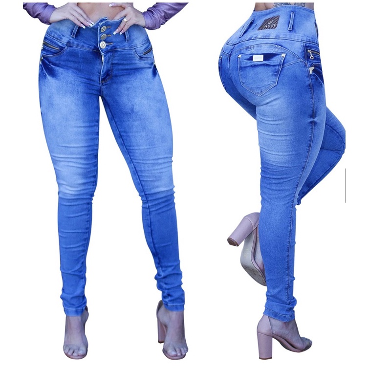 Calça Barata Cós Alto Azul Aço Lycra Botões Calça Modeladora Linda ...