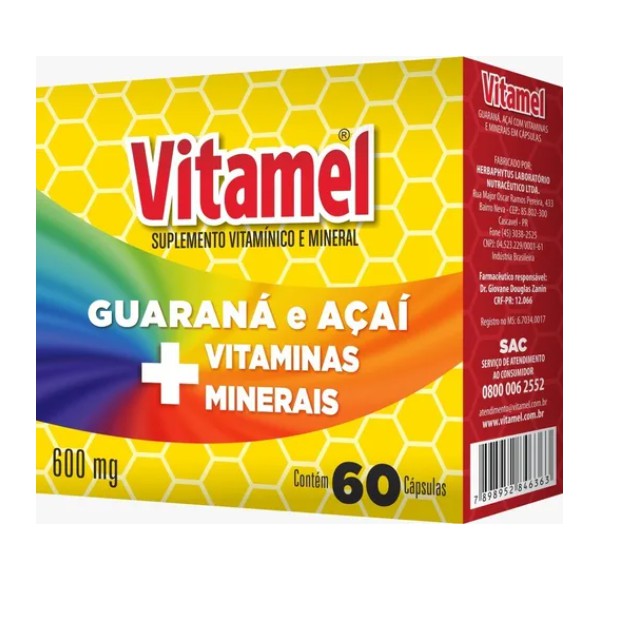 Vitamel 60 Cápsulas 600mg Guaraná Açaí + Vitaminas Minerais | Shopee Brasil