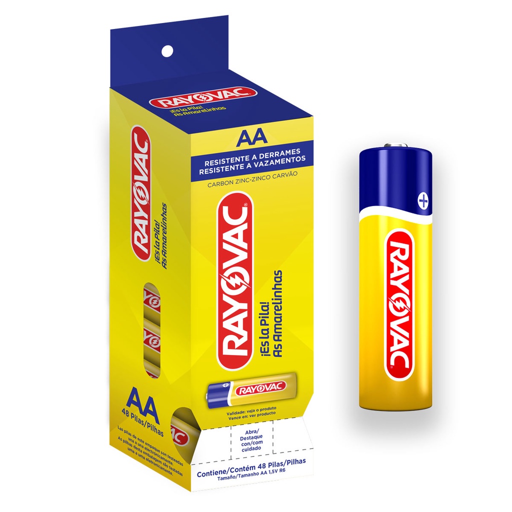 Pilha Zinco AA Rayovac Bateria Carvão 2A Pequena Amarelinha Tubo kit com 48 unidades | Shopee Brasil