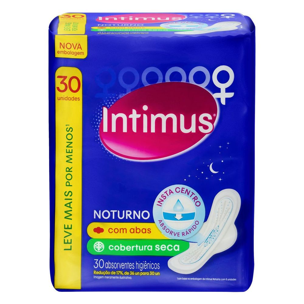 Absorvente Intimus Noturno Com Abas 30 Unidades Cobertura Suave Ou Seca ...