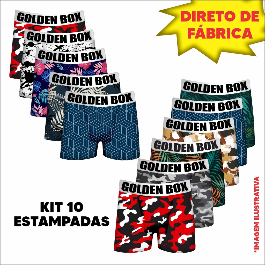 Kit 10 - Cueca Box Estampada Golden Micro Dry Boxer | Shopee Brasil