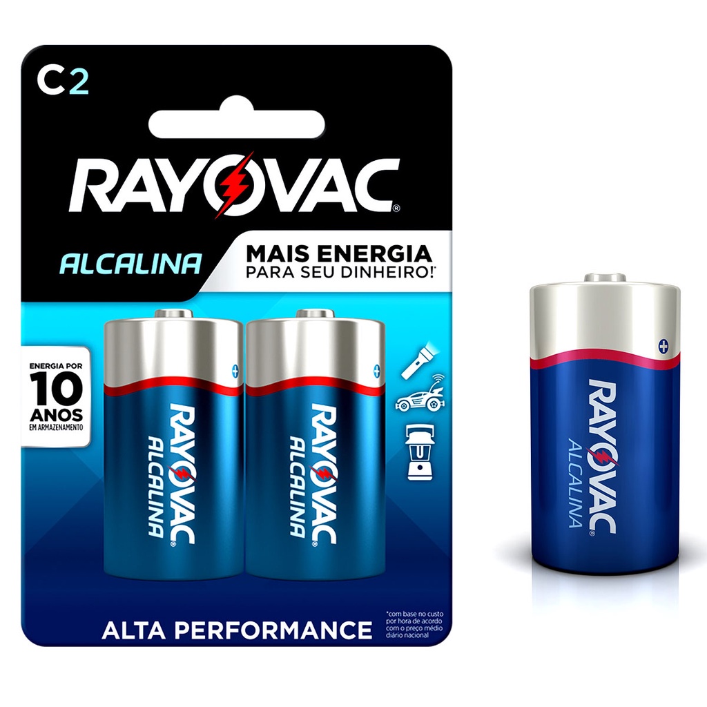 02 Pilhas Média C alcalina longa duração Rayovac 1 Cartela | Shopee Brasil