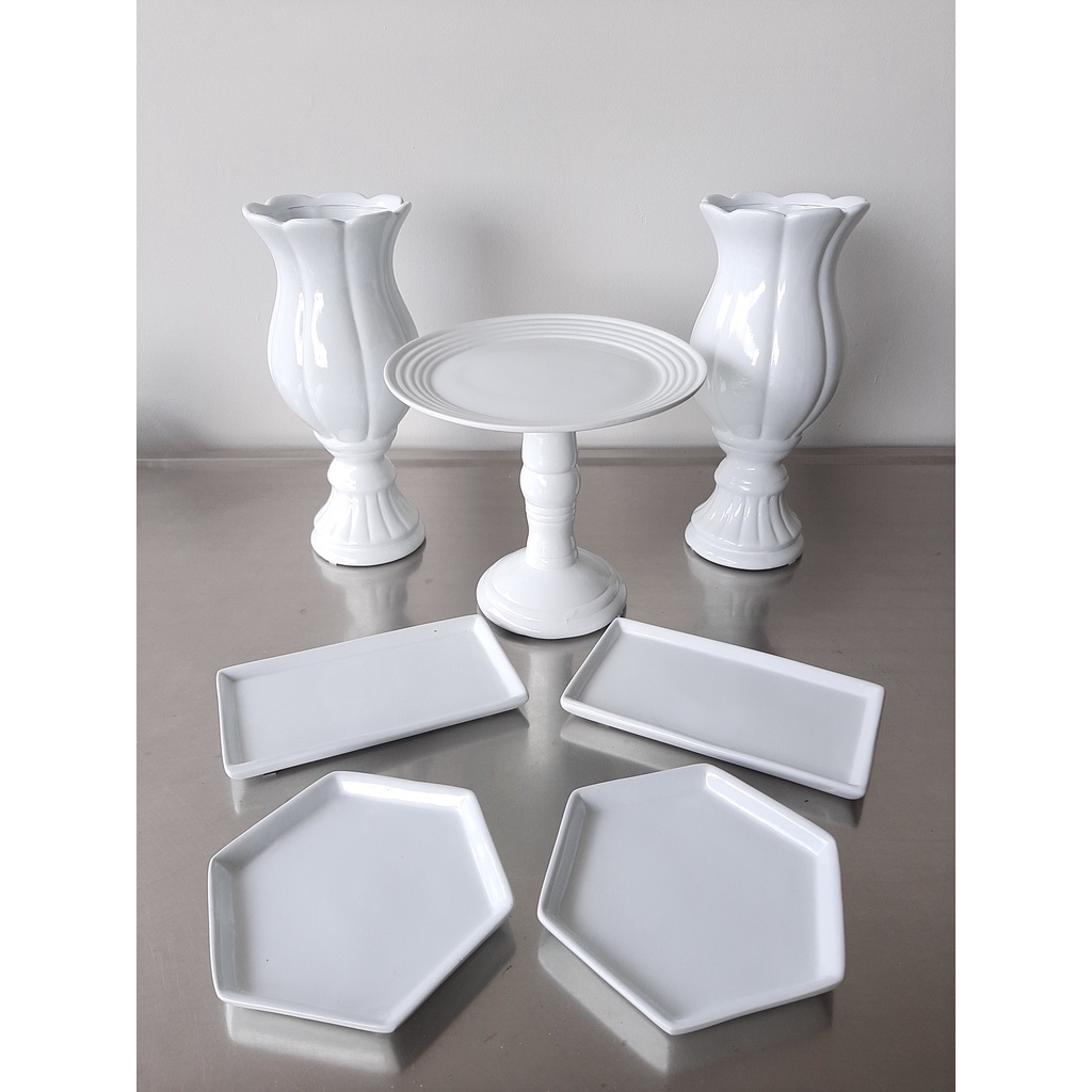 Kit Festa 1 Boleira + 2 Vasos + 4 Bandejas Cerâmica 30 Cores | Shopee ...