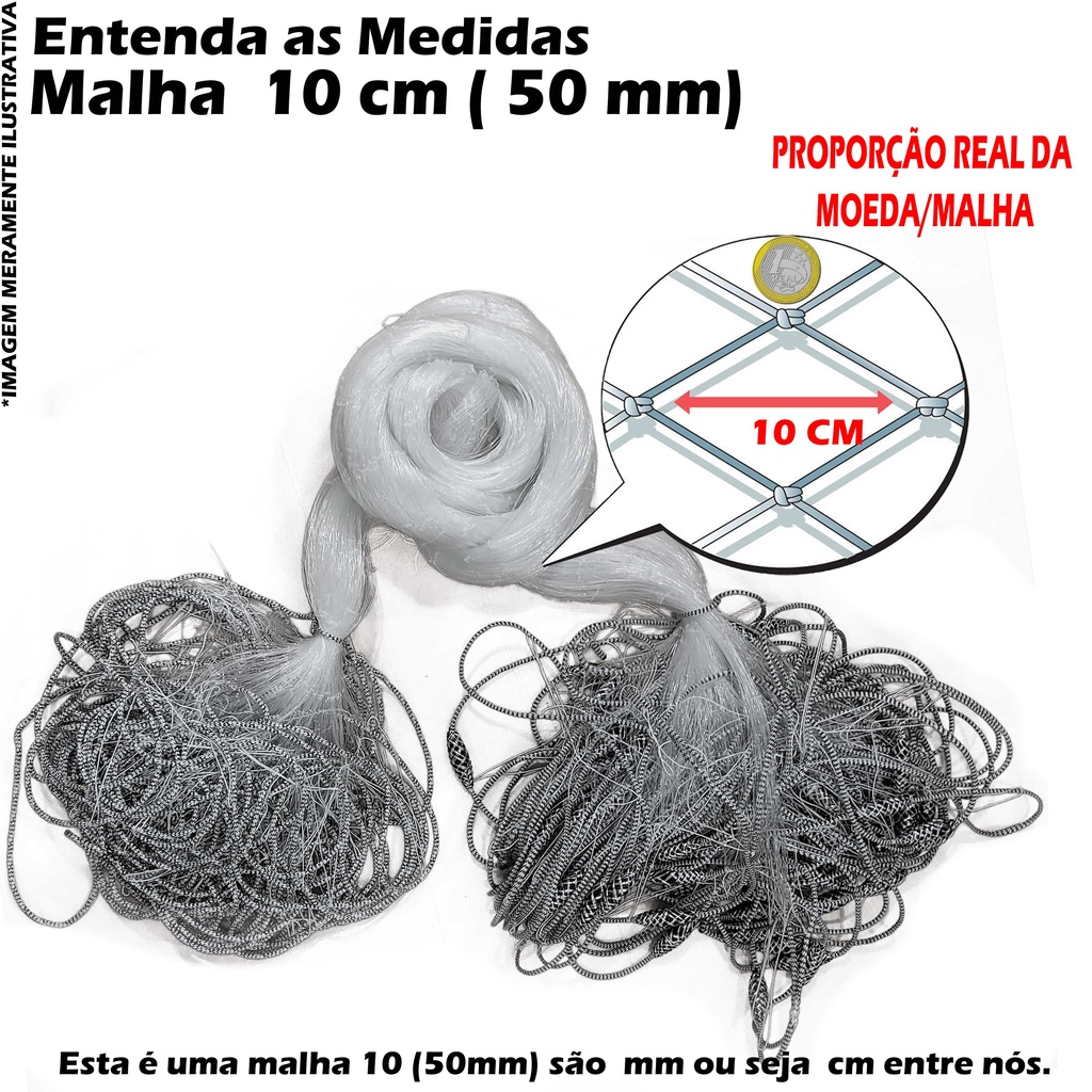 Rede de Espera Pesca Pronta Fio 0,50 Malha 10 (50mm) 50mt 50X50X16 50MT ...