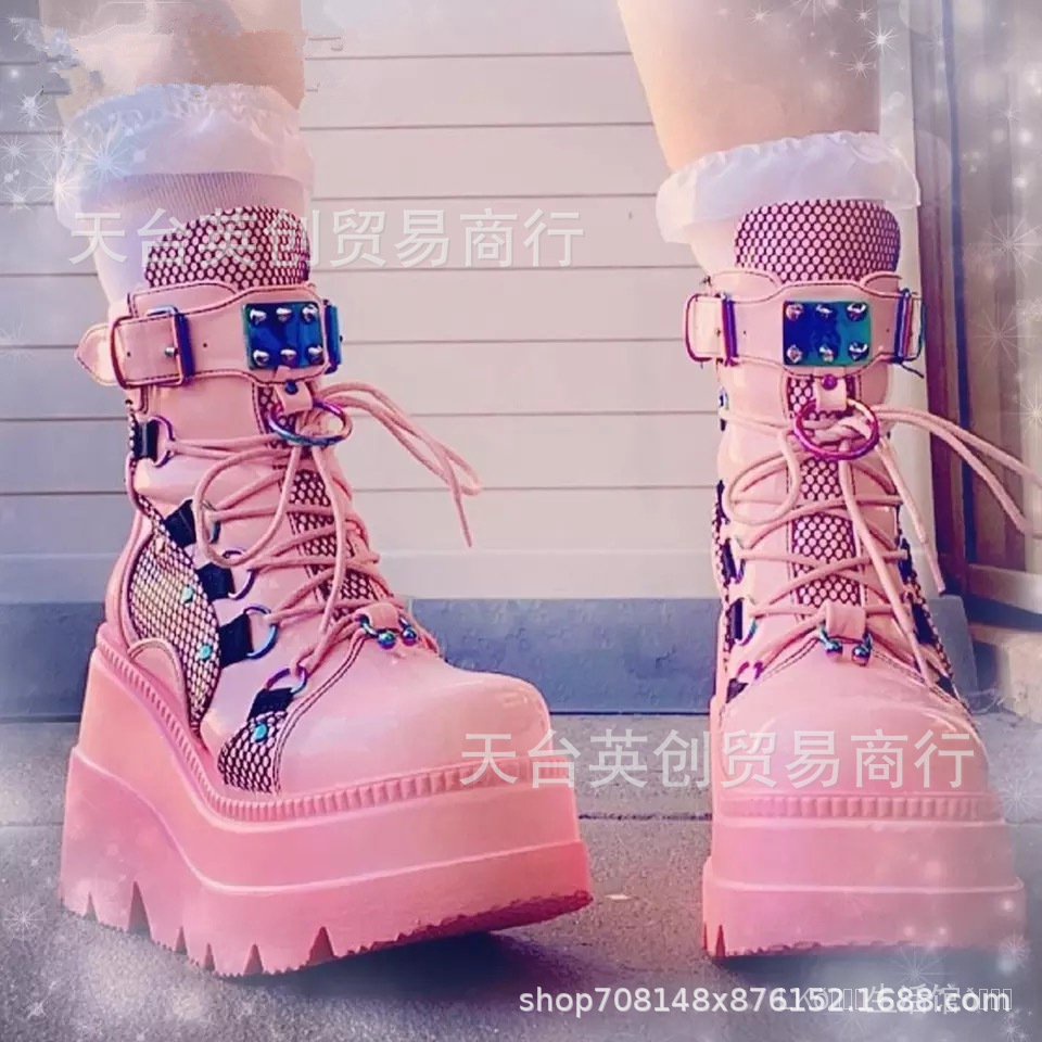 Demonia Thick-Soled Boots 2021 Novo Estilo Dark Gothic Pink Wedge Short ...