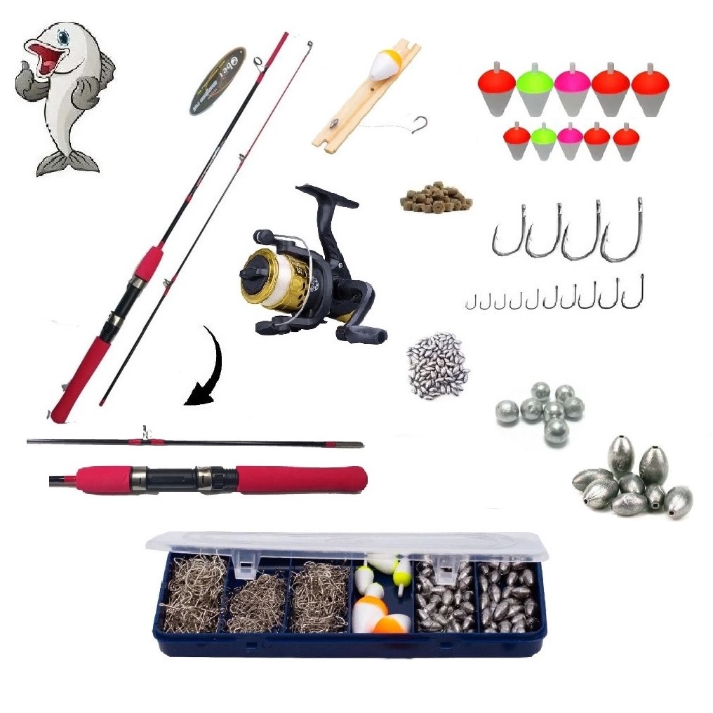 Kit Pesca Vara 1,35m + Molinete C/ Linha + Caixa Com 84 Itens | Shopee Brasil