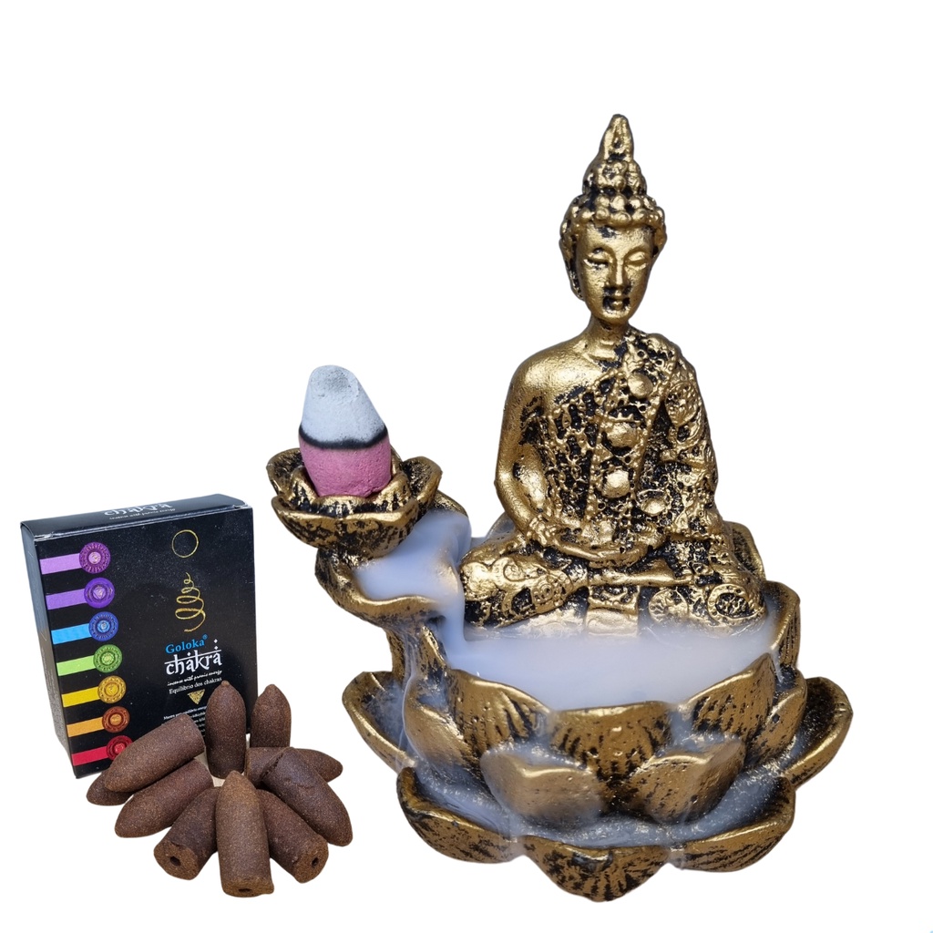Incensario Cascata e Vareta Buda na Flor de Lotus + 10 Incensos cones ...