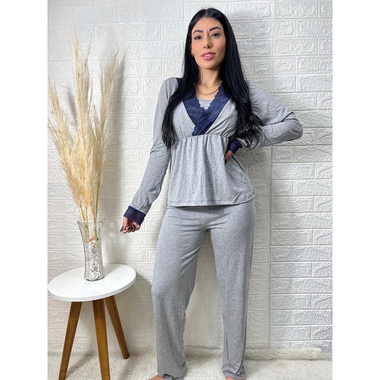 Pijama Longo Maya - Amamentação - Renda - Conforto - Dia a Dia | Shopee ...