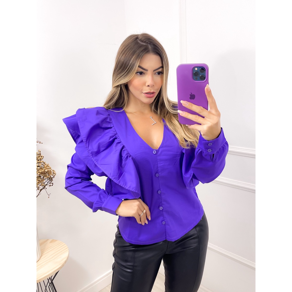 Camisa social decote V babados frente e costas sem laço W0011 | Shopee ...