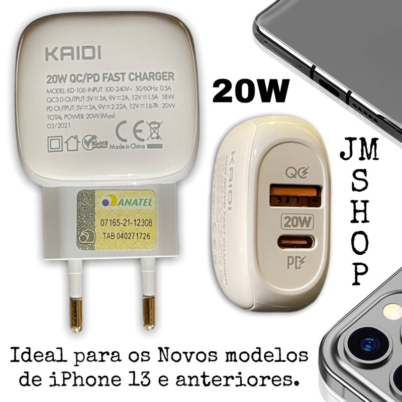 Carregador Celular USB-c PD 20w Kaidi Homologado Anatel | Shopee Brasil