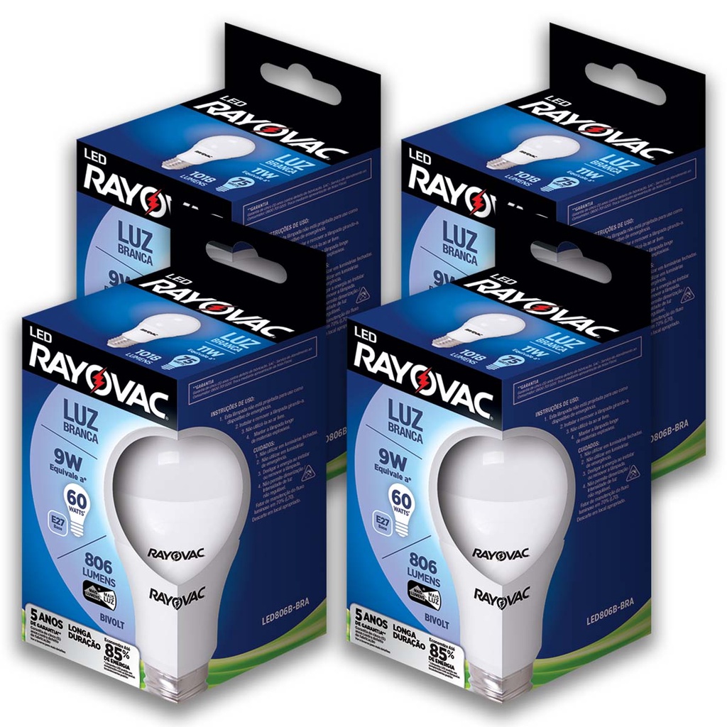 04 Lampadas LED 9W Luz Branca 6500K Rayovac 4 caixas Bulbo Soquete E27 ...