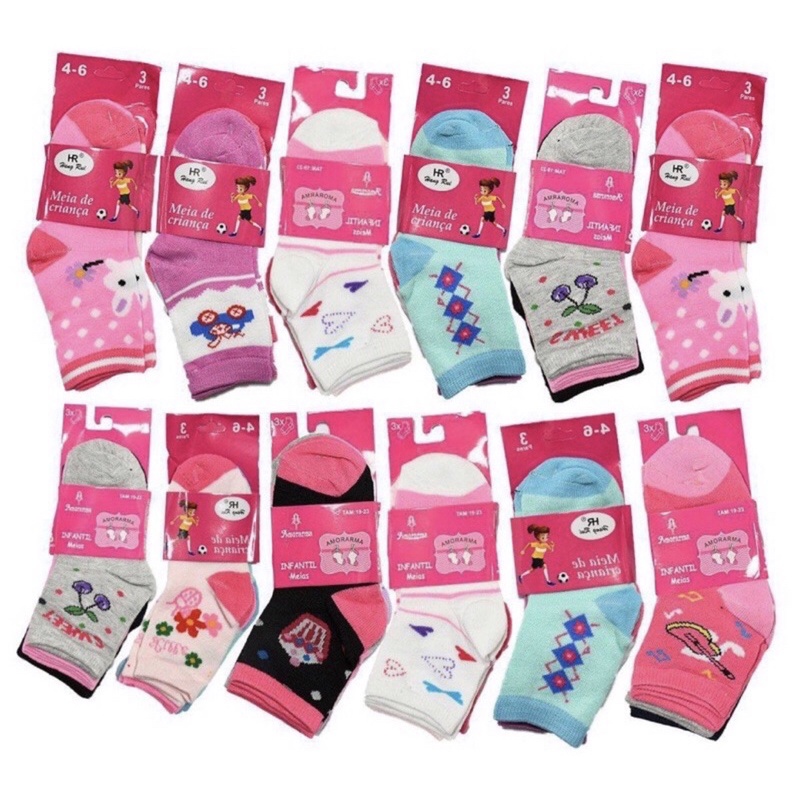 Kit 12 Pares Meia Infantil Feminina 02 A 10 ANOS | Shopee Brasil