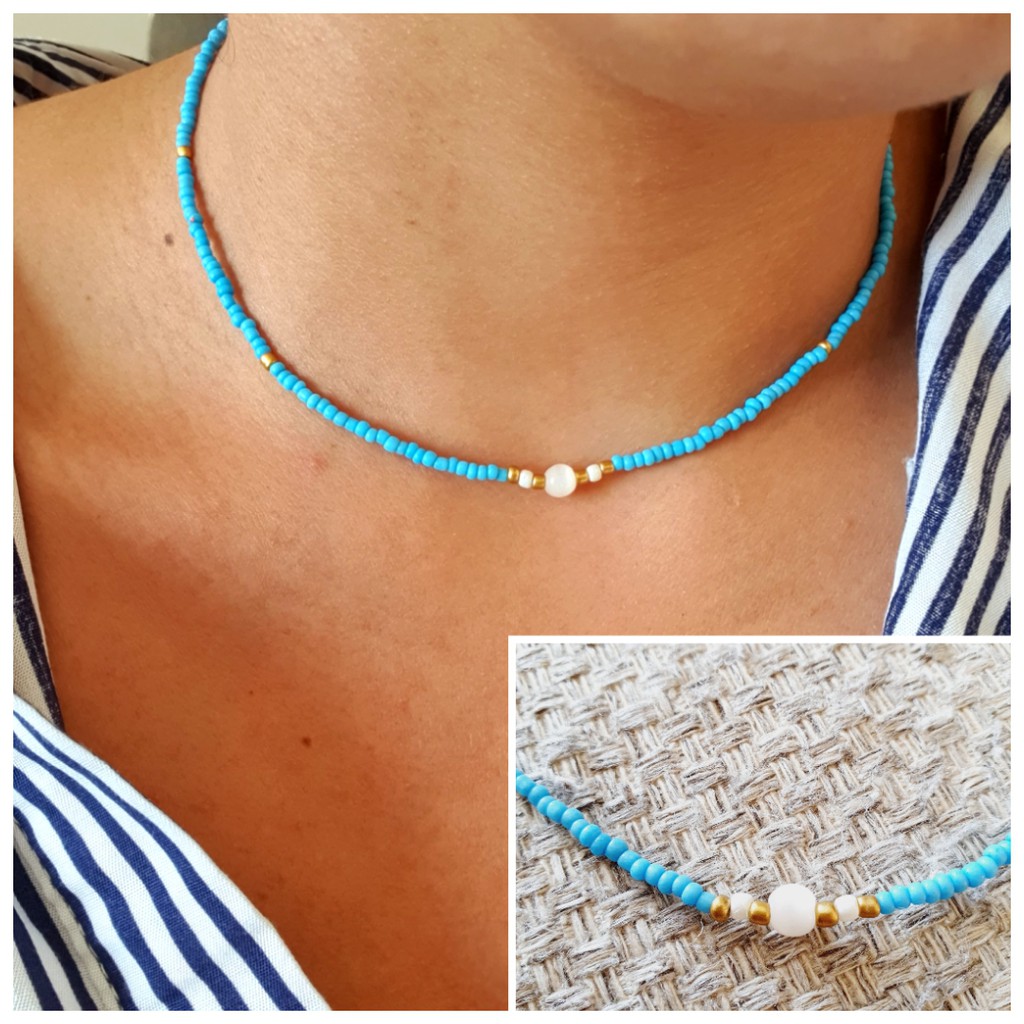 Colar de miçangas delicados azul turquesa com detalhe pedra AU118 ...
