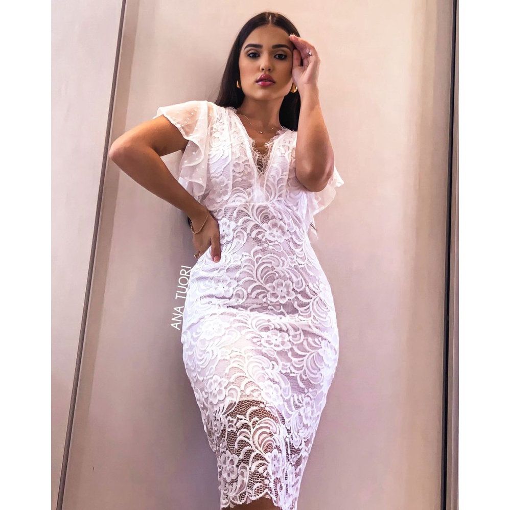 {Anna} Vestido Noiva Midi Renda Decote em Renda Chantilly Casamento ...