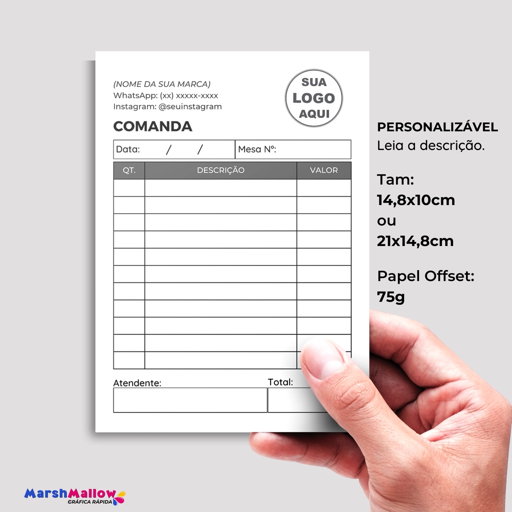 Bloco Comanda Personalizada com a sua logo para restaurantes ...