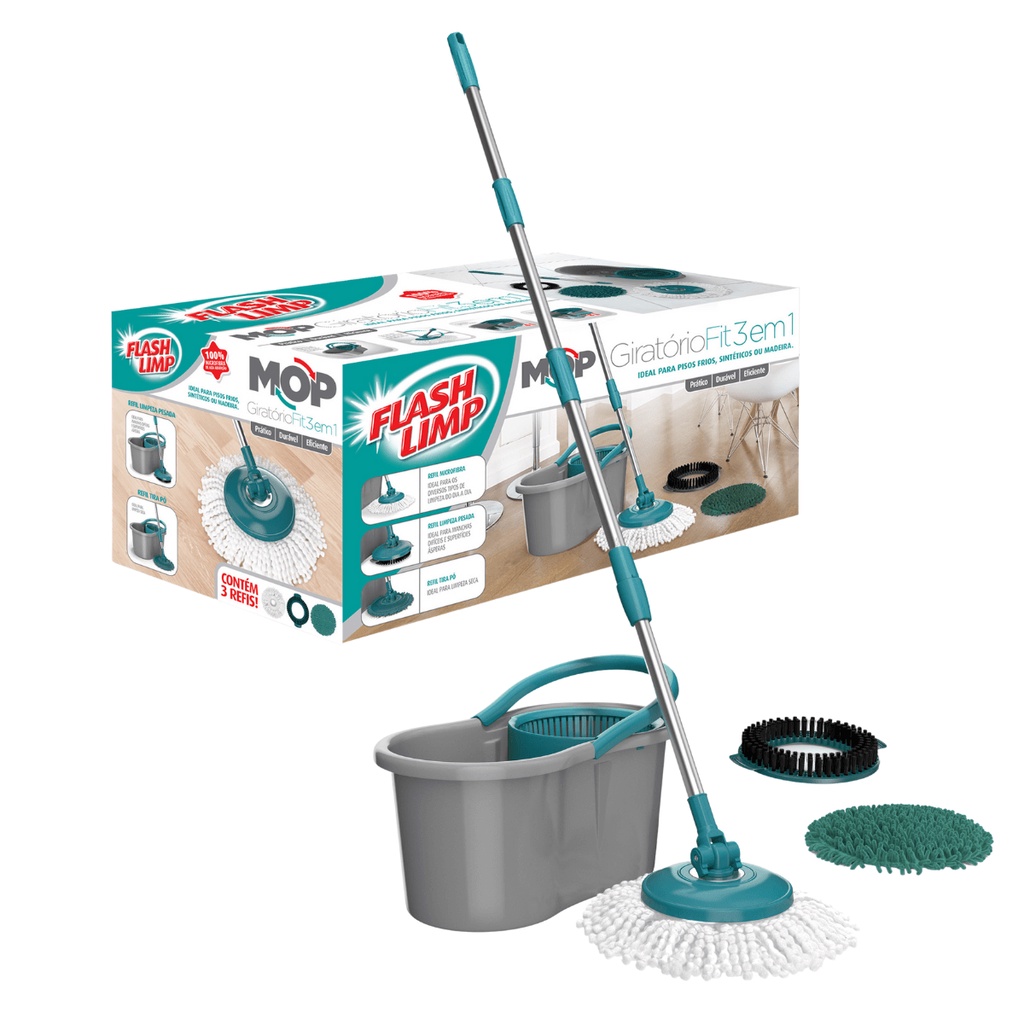 Mop Giratorio Fit 3 em 1 Para Limpeza Com Balde Flashlimp | Shopee Brasil